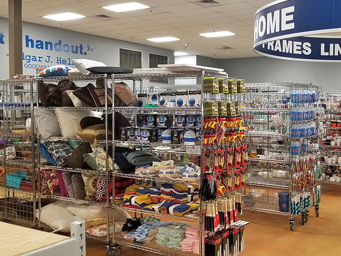 Treasure hunters navigate a labyrinth of shelves stocked with household essentials. One person's castoffs become another's kitchen must-haves!