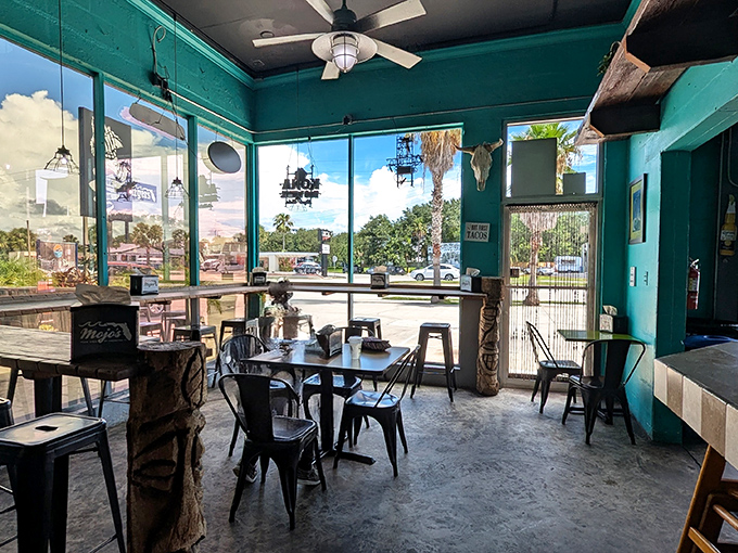 Vibrant teal walls and industrial-chic seating create an atmosphere that's part beach shack, part urban hangout&mdash;all delicious.
