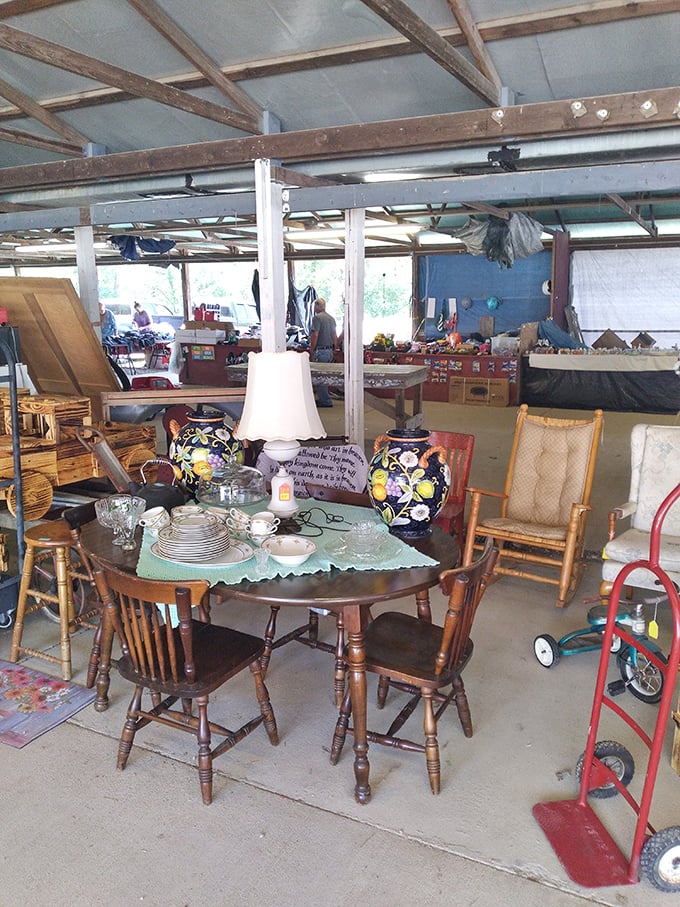 Vintage charm on display! This wooden dining set complete with floral lamps could be the conversation piece your home never knew it needed.