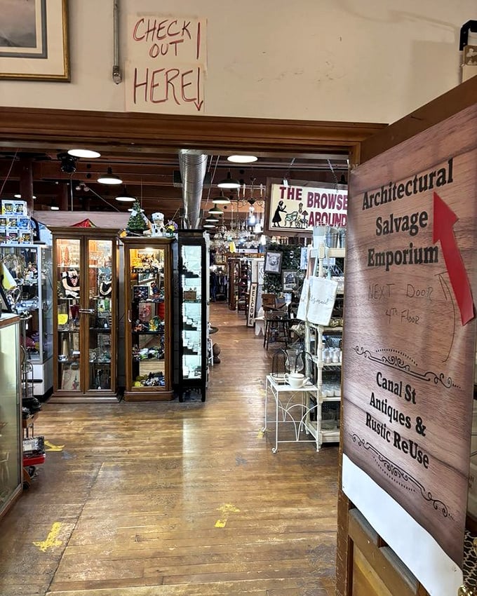 Check out here! The sign might as well say "Abandon all budget plans, ye who enter." Wooden floors that have witnessed a century of footsteps await.