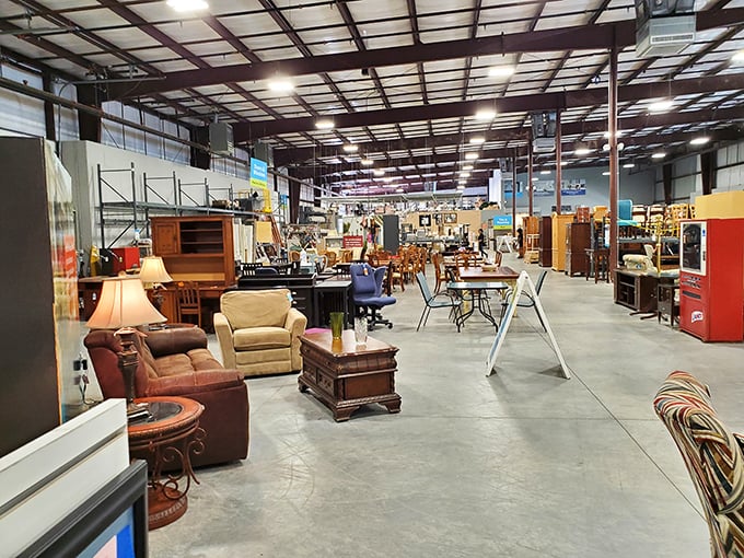 A bargain hunter's paradise unfolds inside with furniture arranged like a living room showroom. That leather sofa is practically begging for a new home.