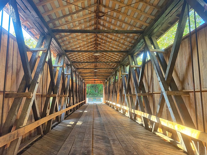 Step inside and you're transported to another era—wooden trusses creating a cathedral-like space that whispers stories of horse-drawn carriages and simpler times.