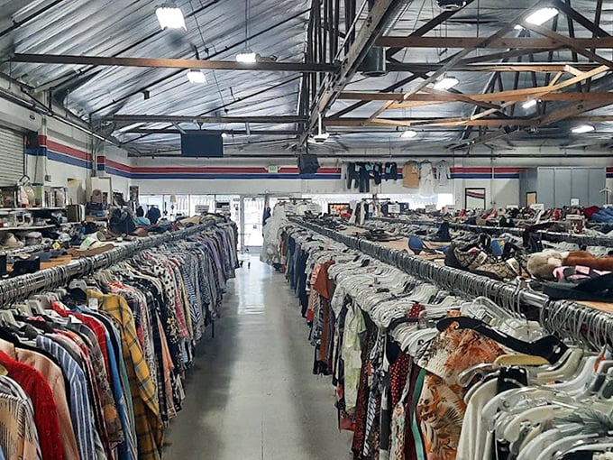 Rows upon rows of clothing stretch into the distance like a textile Grand Canyon, each rack a potential goldmine of fashion treasures.