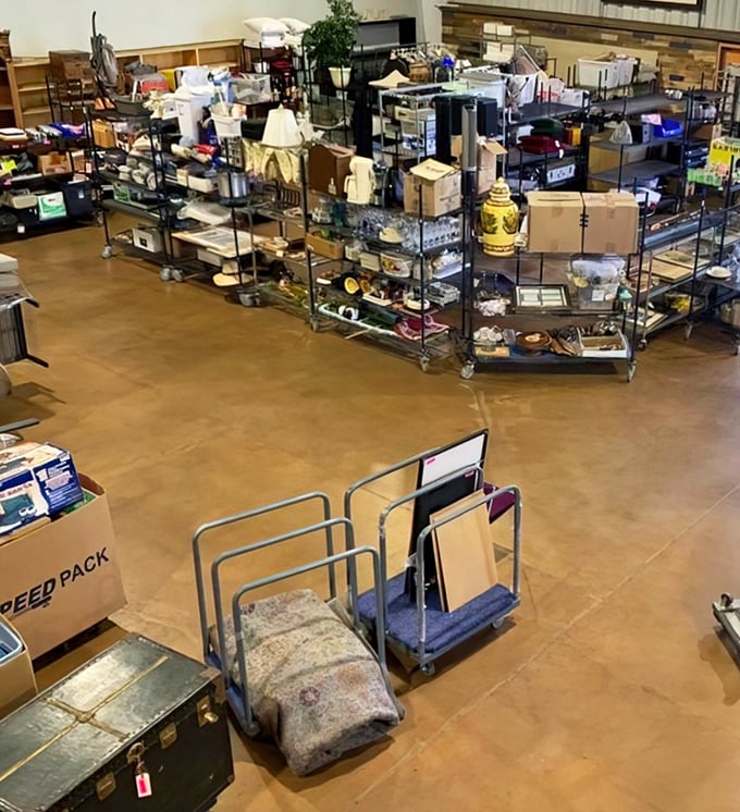 Organized chaos at its finest! Metal shelving units create a labyrinth of possibilities, each shelf a potential gold mine for the curious bidder.