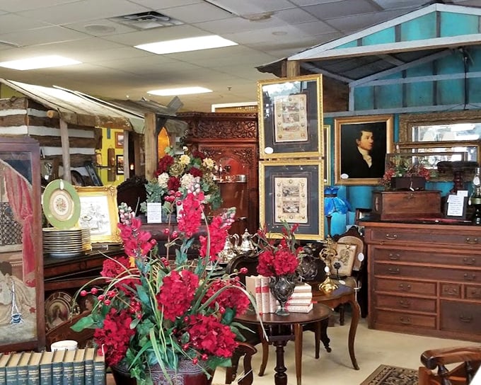 Stepping inside feels like tumbling through time's doorway. Elegant furniture, vibrant florals, and framed portraits create a tableau of bygone elegance.