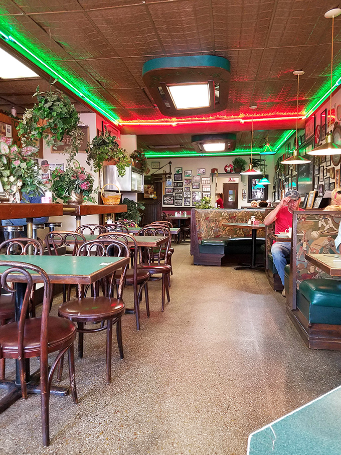 Step inside and the Christmas-colored neon lighting bathes the dining room in a warm glow, while hanging plants soften the diner aesthetic with homey charm.