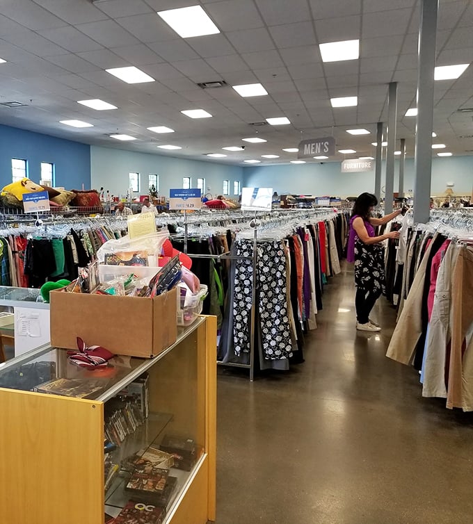 Endless racks of possibility stretch before you—each hanger a potential fashion revelation waiting to be discovered by patient browsers.