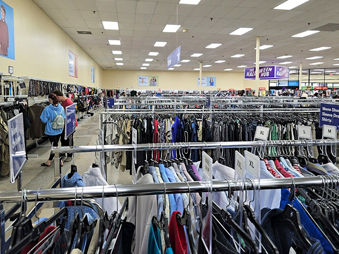 Racks upon racks of possibility! Like a library of fashion where every aisle tells a different story, and your next favorite outfit is hiding in plain sight.