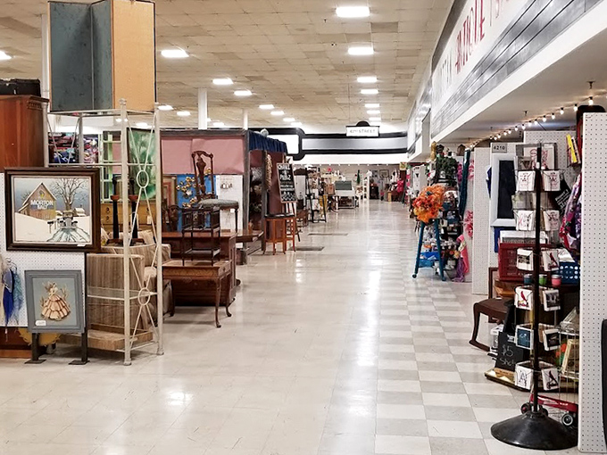 Endless aisles stretch like a retail infinity, the checkerboard floor guiding explorers through a labyrinth of nostalgia.