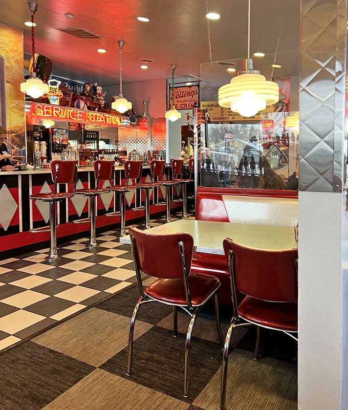That glowing "Service Station" sign isn't just decoration&mdash;it's truth in advertising. The counter seating offers front-row tickets to breakfast theater.