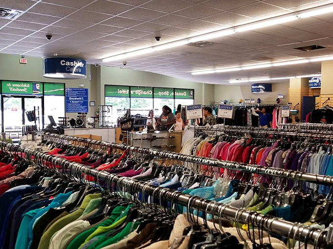 Racks upon racks of possibility await, like a fashion library where every item tells a different story and your wallet remains pleasantly plump.