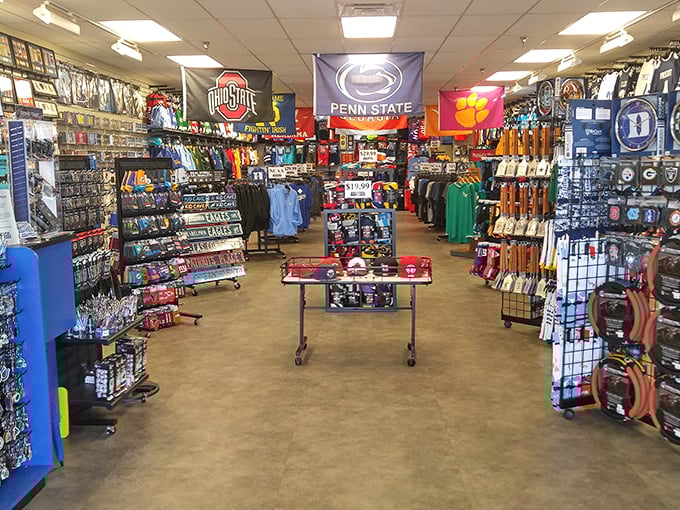College sports heaven! This store is where team loyalty meets wallet-friendly prices, turning casual fans into walking billboards for their alma maters.