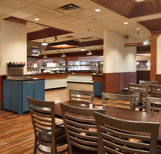 Inside, rustic wooden chairs and blue serving stations create that perfect balance of homey and practical&mdash;buffet feng shui at its finest.