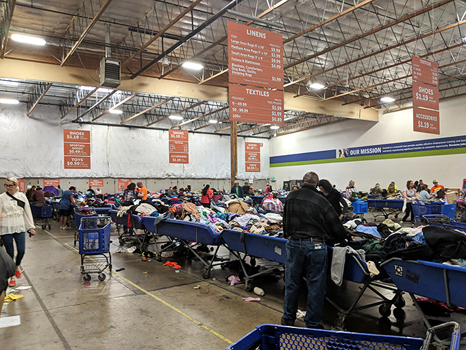 Organized chaos at its finest. Shoppers navigate the blue bin labyrinth with the focus of diamond miners, each hoping to unearth their own sparkling find.