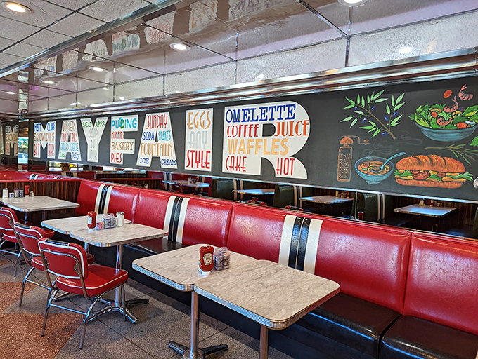 Step inside and you're transported to a simpler time&mdash;red vinyl booths, chrome accents, and a wall mural that practically shouts "EAT HERE" in the most delightful way.