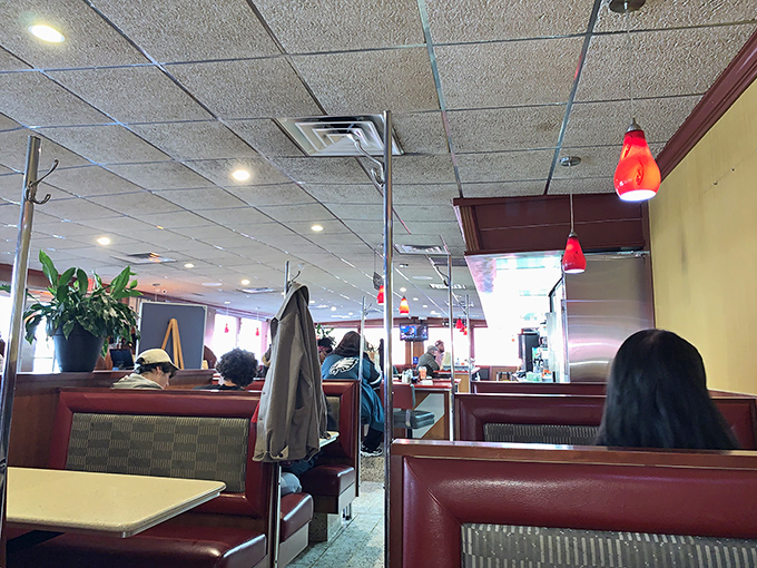 Classic vinyl booths and warm lighting create the timeless diner atmosphere where memories are made over coffee and eggs.