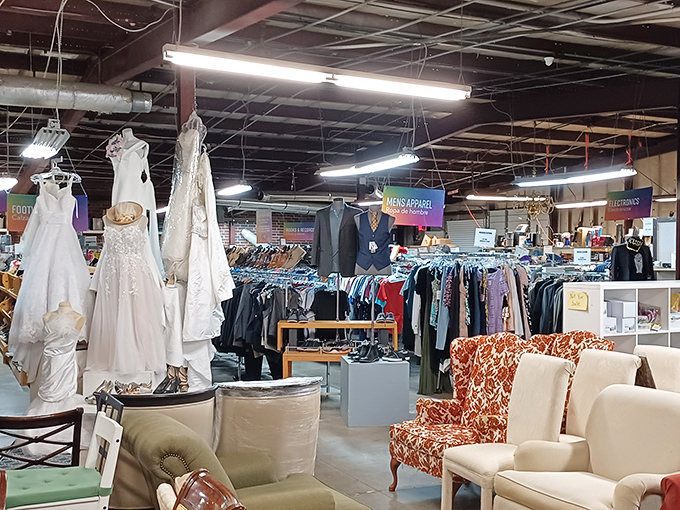 Wedding gowns meet vintage furniture in this wonderland of possibilities. Like a department store designed by someone with delightfully eclectic taste.