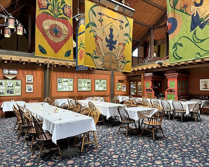 Colorful Danish banners hang from wooden beams in the spacious dining room, creating an atmosphere that's part European inn, part American road trip classic.