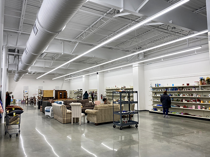 Spacious aisles and polished floors create a shopping experience that feels more upscale boutique than second-hand store. Furniture treasures await!
