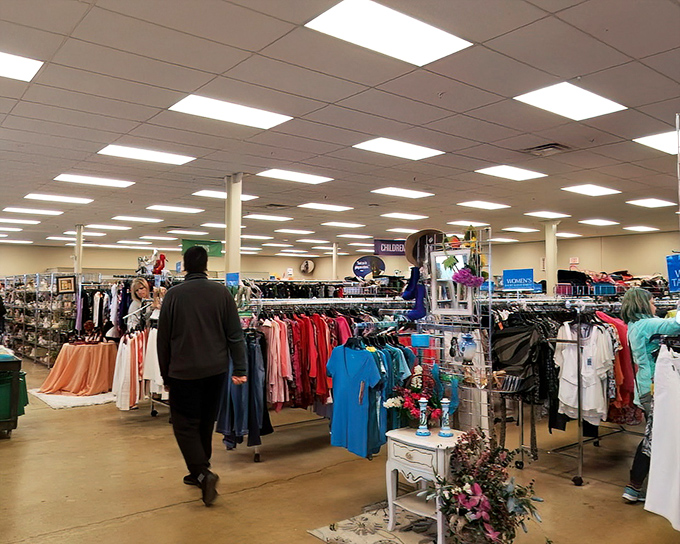 Welcome to the promised land of pre-loved possibilities. Fluorescent lights illuminate acres of potential where one person's castoffs become another's treasures.