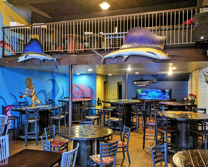 Mounted fish preside over diners like aquatic guardians of quality. The underwater-themed interior makes you feel like you're dining in Neptune's living room.