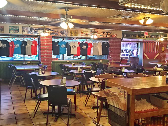Classic diner ambiance with a side of nostalgia &ndash; where the t-shirts on display have more personality than most restaurant chains.