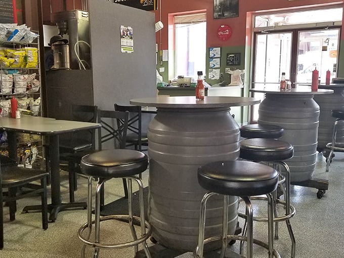 Industrial-chic meets comfort at these barrel-style counter seats&mdash;perfect perches for the serious sandwich contemplation that's about to occur.