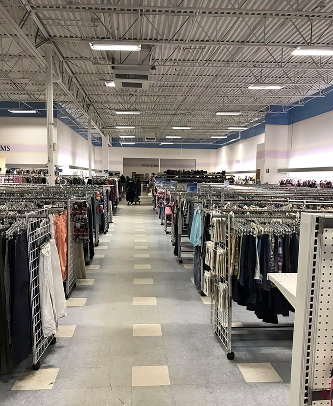 Endless racks of possibility stretch before you like a secondhand runway. Each aisle promises fashion resurrection at a fraction of retail prices.
