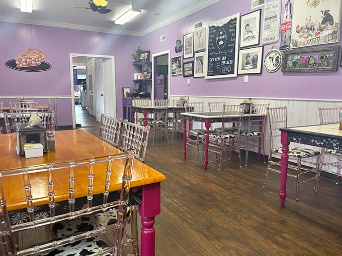 Step inside where lavender walls and mismatched charm create the coziest dining room this side of Mount Rushmore.