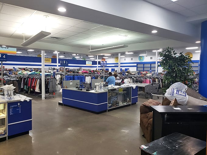 The clothing department stretches toward the horizon, a kaleidoscope of previously-loved fashion waiting for its second act.