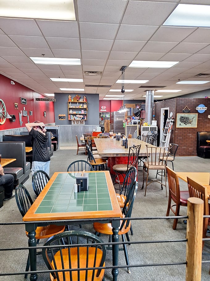 Empty now, but soon this aisle will buzz with bargain hunters examining everything from vintage tools to handcrafted curiosities.