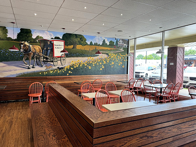 A beautiful mural depicting rural Kansas life adorns the wall, providing a charming backdrop for your sugar-induced euphoria.
