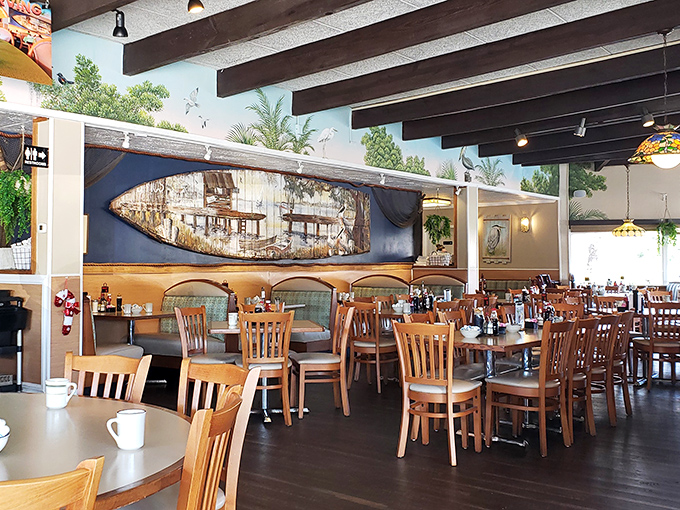 Wooden beams, nautical decor, and that showstopping boat on the wall&mdash;Dino's interior feels like breakfast in a cozy coastal cabin.