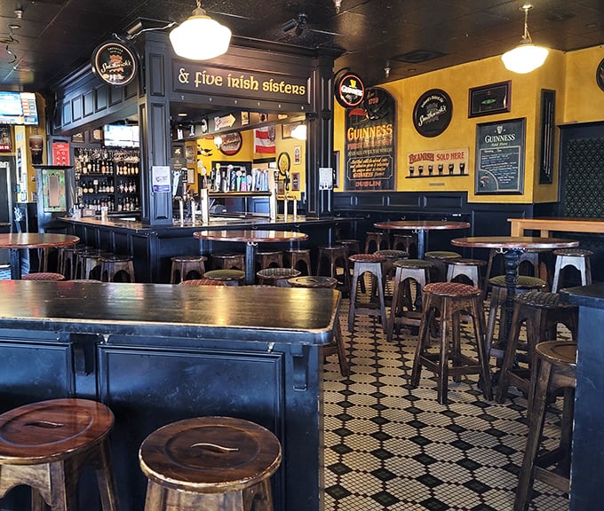 Classic pub atmosphere with checkered floors and golden walls&mdash;this is where Guinness flows and good times multiply exponentially.