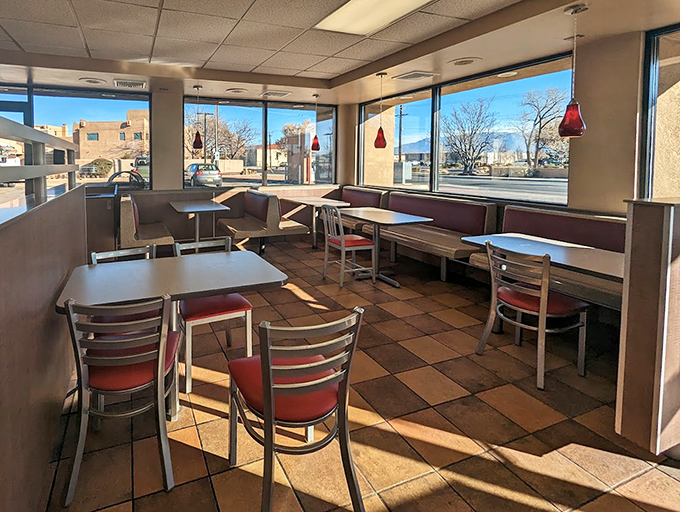 Sunshine floods through large windows, illuminating a no-nonsense dining room where the focus is squarely on the food, not the frills.