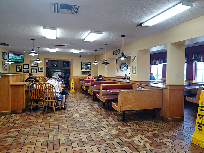 No-nonsense booths and practical tables create the perfect stage for the real star of the show&mdash;those legendary biscuits.