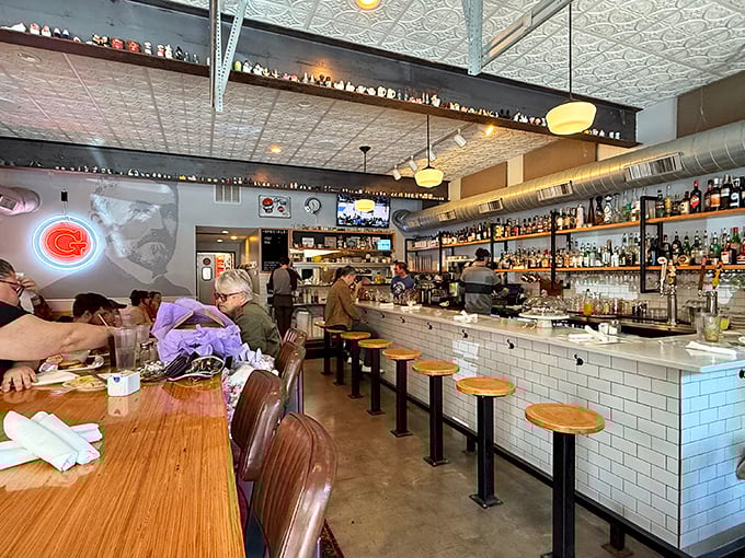 Inside, the pressed tin ceiling and subway-tiled bar create that perfect "where everybody knows your name" vibe. Modern diner indeed—Frasier Crane would approve.