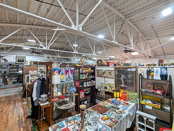 High ceilings and exposed beams create an airy wonderland where vendor booths become portals to different decades. Time travel has never been so affordable!