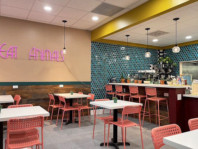 That "DON'T EAT ANIMALS" neon sign isn't militant veganism&mdash;it's a playful nod to their adorable animal-shaped treats. The teal tile backdrop is just bonus eye candy.