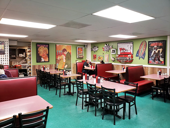 Step inside and the mint green floors, cherry red booths, and vintage memorabilia transport you to a time when breakfast was an event, not just a meal.