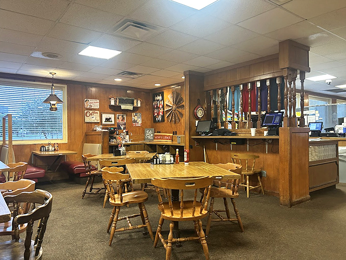 Wood-paneled walls and sturdy chairs tell stories of countless Fort Worth breakfasts, where comfort isn't just on the menu&mdash;it's built into the furniture.