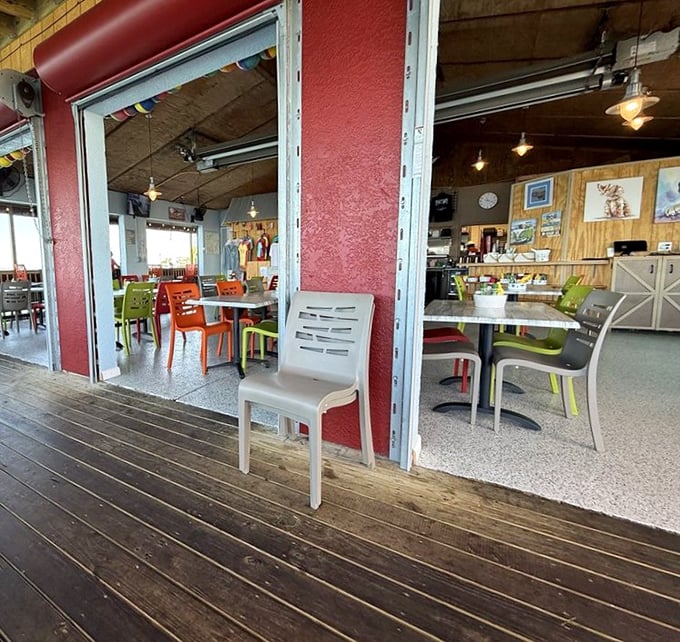 Colorful chairs pop against weathered wood and red walls, creating that perfect "I'm on vacation even if I live here" Florida vibe.