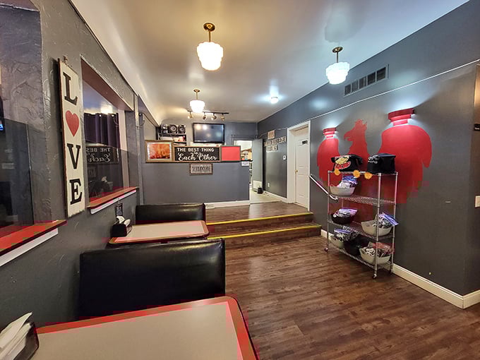 The cozy interior balances modern touches with old-world charm. Those gray walls with pops of red say, "Yes, we're serious about our pierogies, but we know how to have fun too."