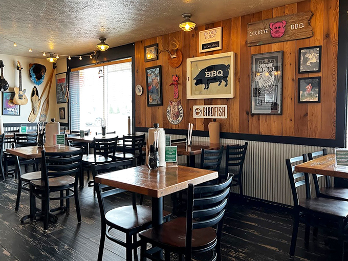 Wood paneling, quirky wall art, and corrugated metal create that perfect "come as you are" barbecue sanctuary vibe.