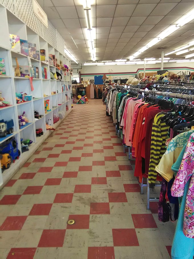 Racks of colorful possibilities line the classic checkerboard floors—each aisle a new adventure waiting.