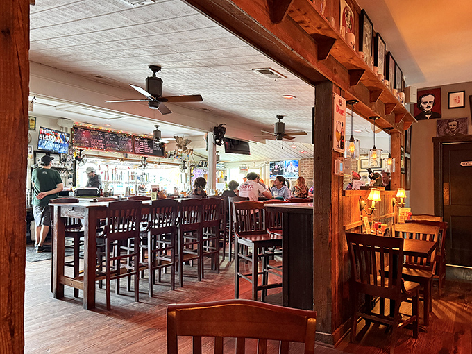 Inside Poe's, wooden beams and warm lighting create the perfect backdrop for literary-inspired feasting. Even the ceiling fans seem to whisper Poe's verses.