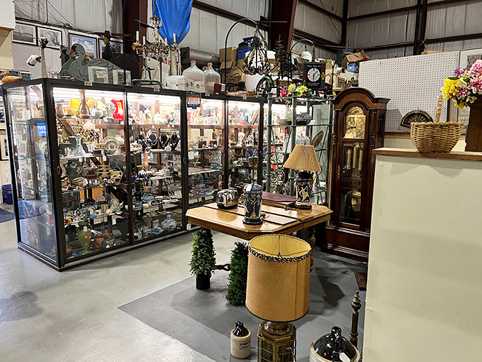 Display cases gleaming with collectibles create a museum where everything's for sale. That grandfather clock has witnessed more history than most textbooks. 