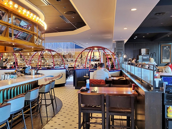 Inside Hershey's Chocolate World, the restaurant area features whimsical arched designs that make you feel like you're dining inside a giant chocolate factory.