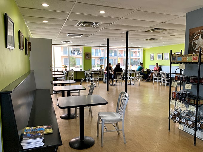 The airy interior features lime green walls and silver chairs, creating a space where comfort meets style &ndash; like sweatpants with pockets.