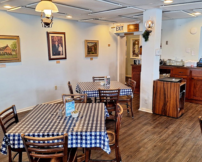 Blue checkered tablecloths and warm wood tones create that "Grandma's dining room" feeling&mdash;if Grandma happened to cook for an entire village of hungry Germans.
